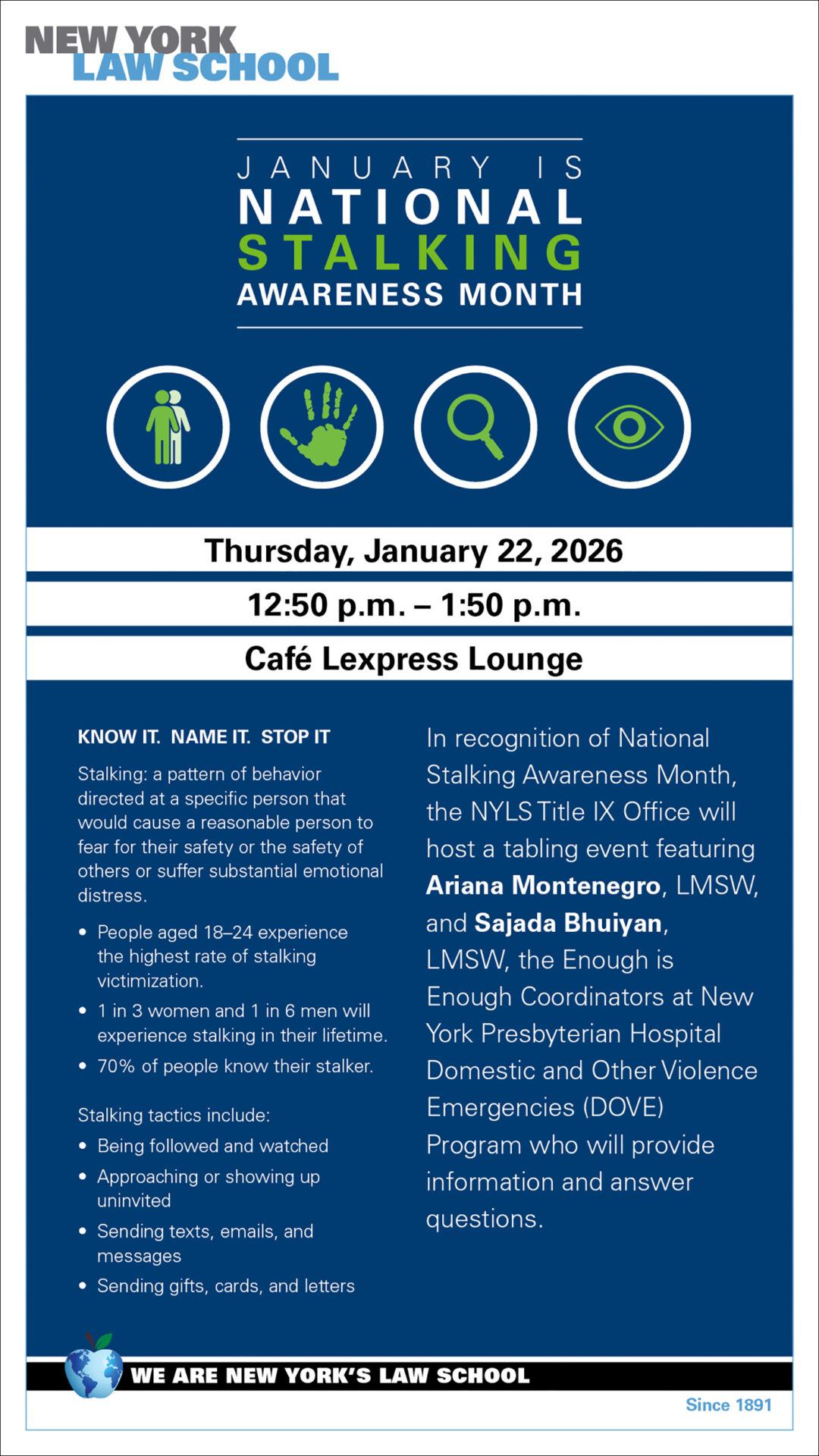 National Stalking Awareness Month: January Tabling Event - New York Law ...